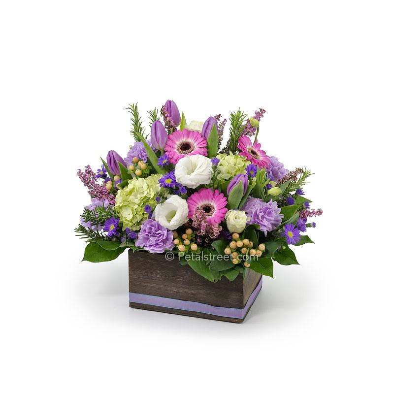 Vibrant Spring Mix of Flowers in a Wood Box – Petal Street Flower Company